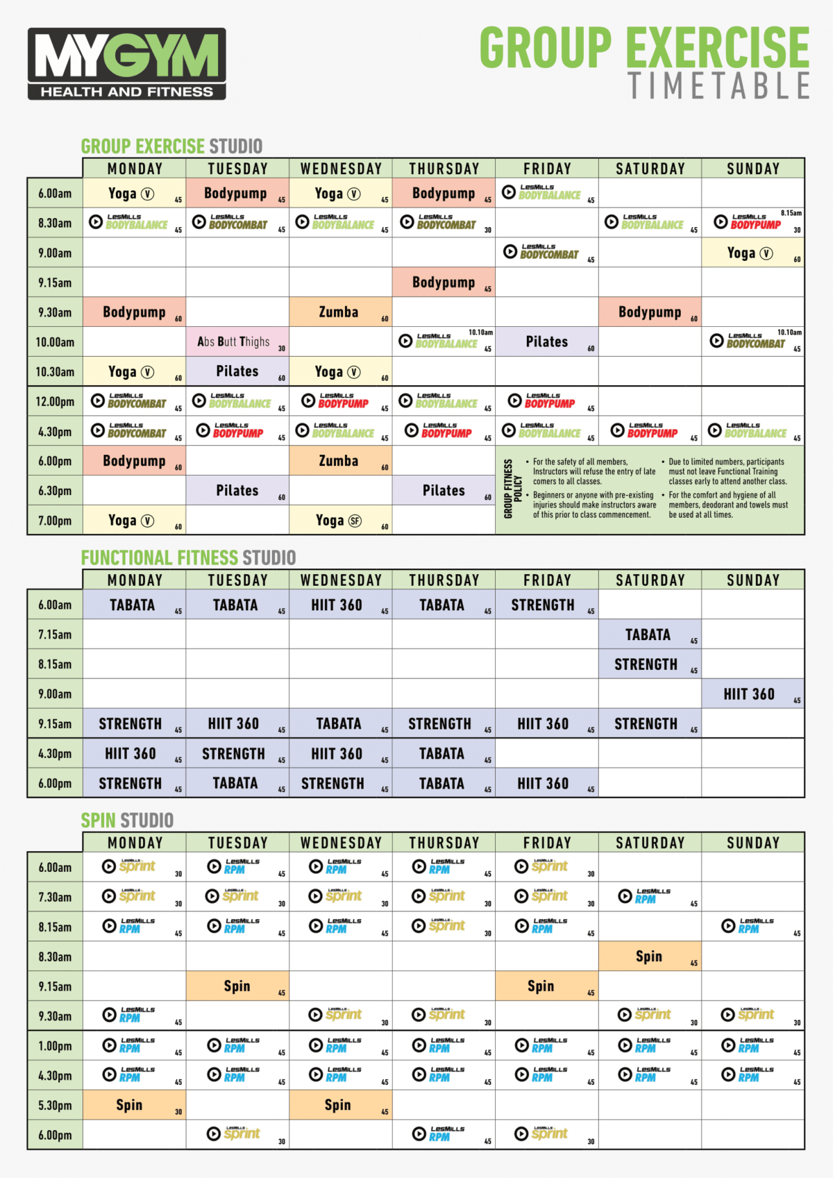 Group Fitness Timetable - MYGYM Health and Fitness